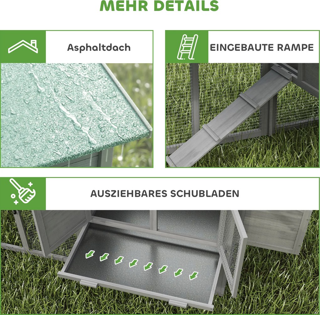 Dřevěný kurník pro slepice s volným výběhem hnízdní box s rampou výsuvný tác pro 2-4 slepice 168x75x103cm šedý