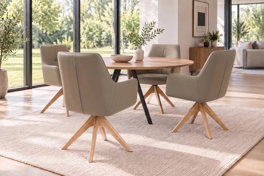 Designová otočná židle Devassy taupe kůže / dub