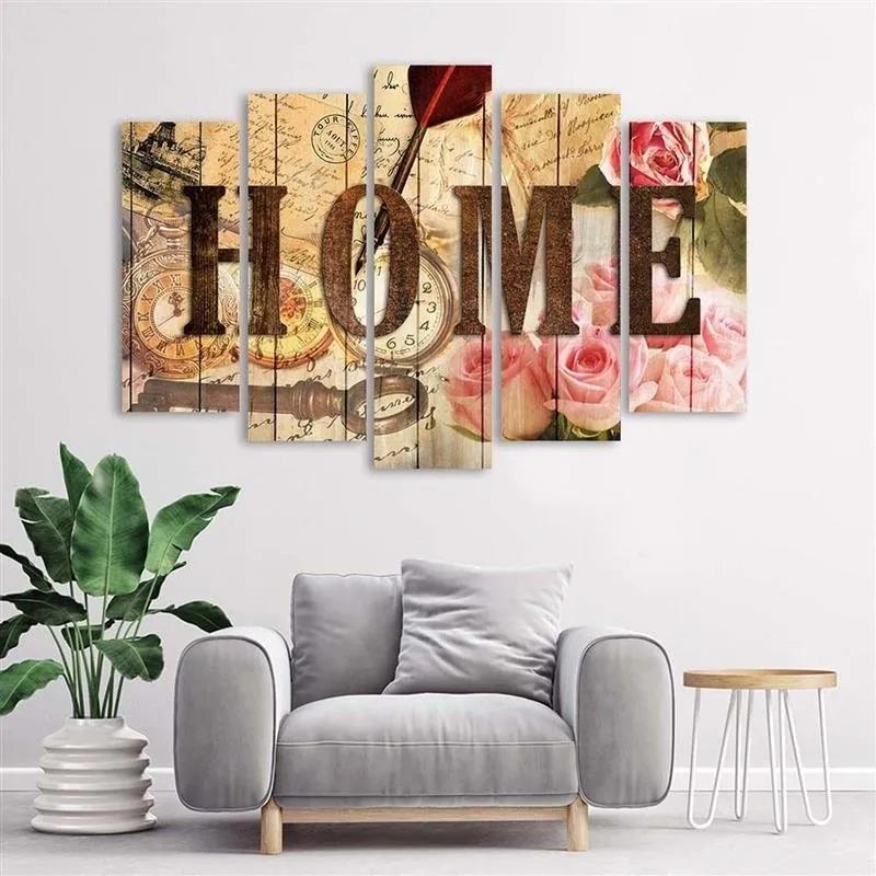 Obraz na plátně pětidílný Domů Retro Květiny Nápis - 150x100 cm