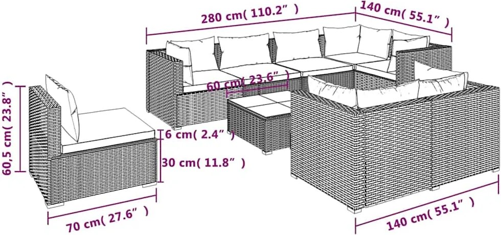 9dílná zahradní sedací souprava s poduškami polyratan černá 3102617