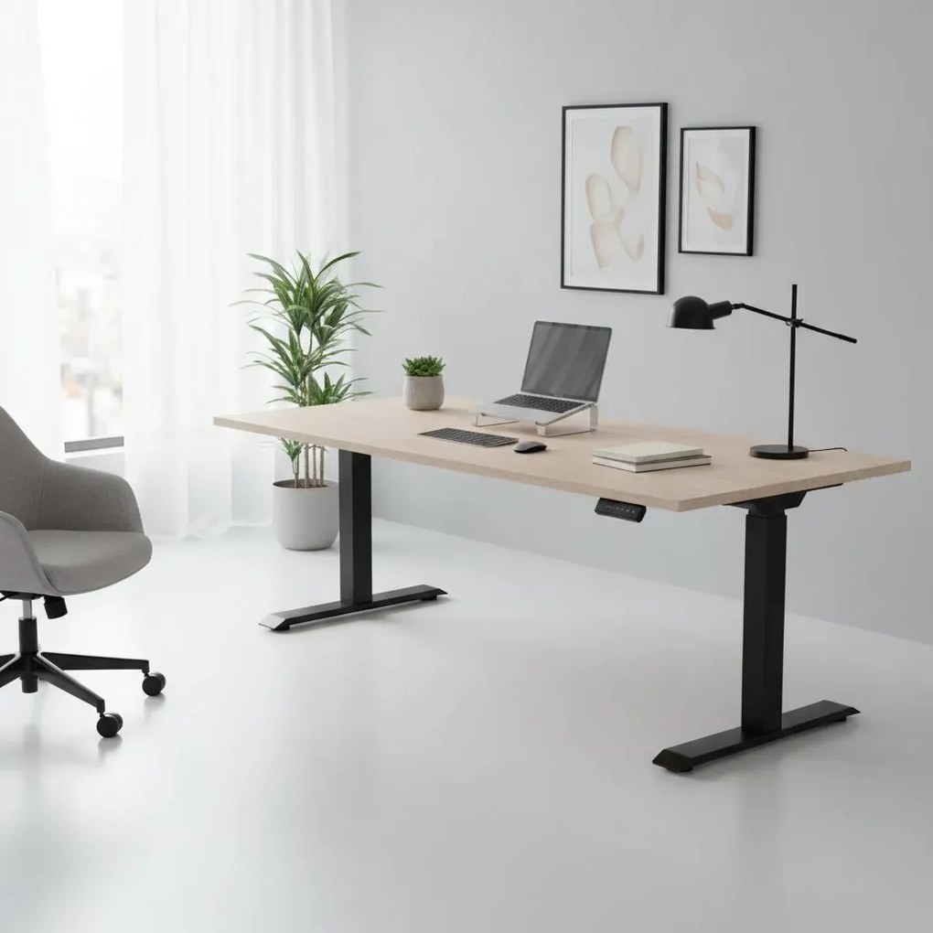 Výškově nastavitelný stůl OfficeTech Long, 240 x 80 cm, černá podnož, dub