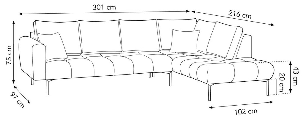 Rohová pohovka malvin pravá 301 cm samet šedá MUZZA