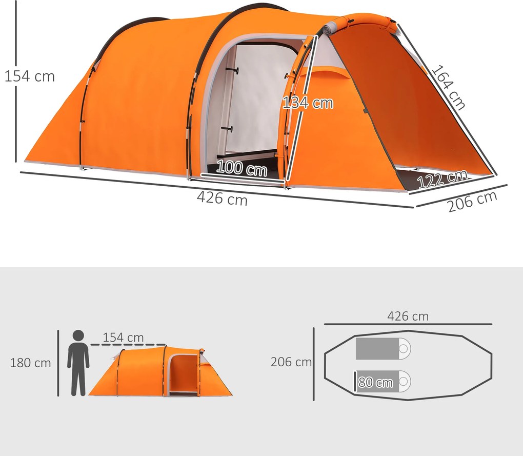 Tunelový stan pro 2-3 osoby, kempinkový stan s předsíňkou, lampové háčky 2000 mm vodní sloupec oranžový