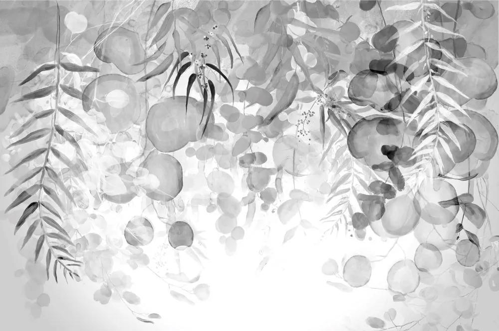 Tapeta decentní listy v černobílém - 225x150 cm