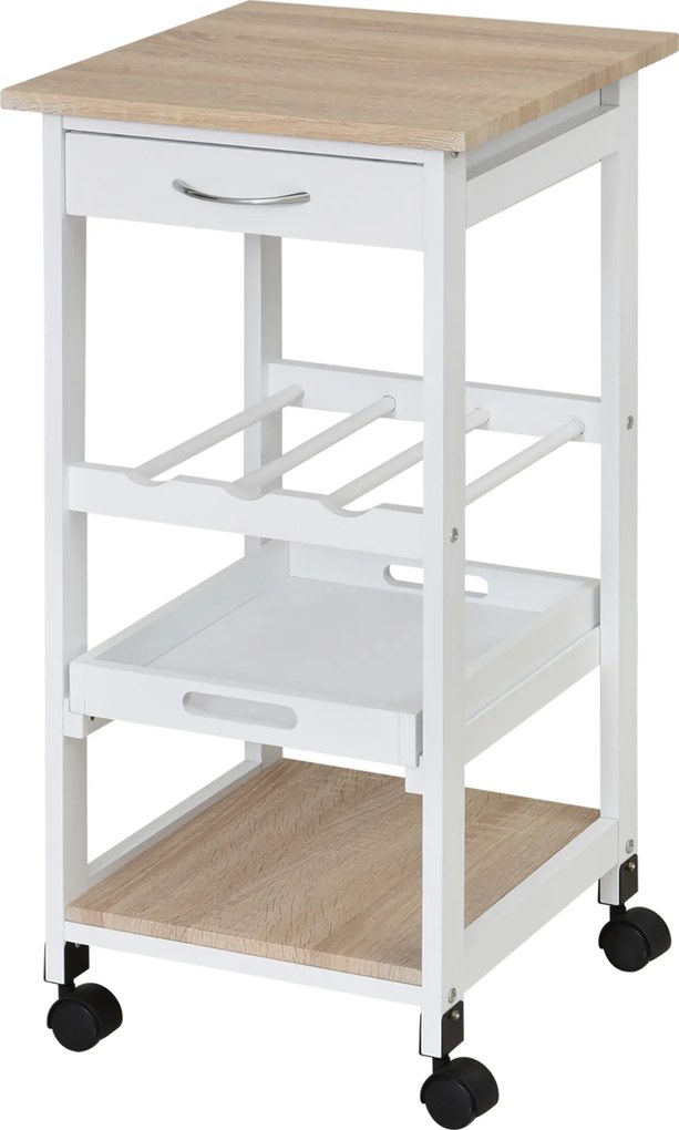 HOMCOM Kuchyňský vozík 4-patrový s kolečky a zásuvkami, regály a stojanem na víno pro kuchyň, obývací pokoj nebo jídelnu 37x37x76 cm Bílý
