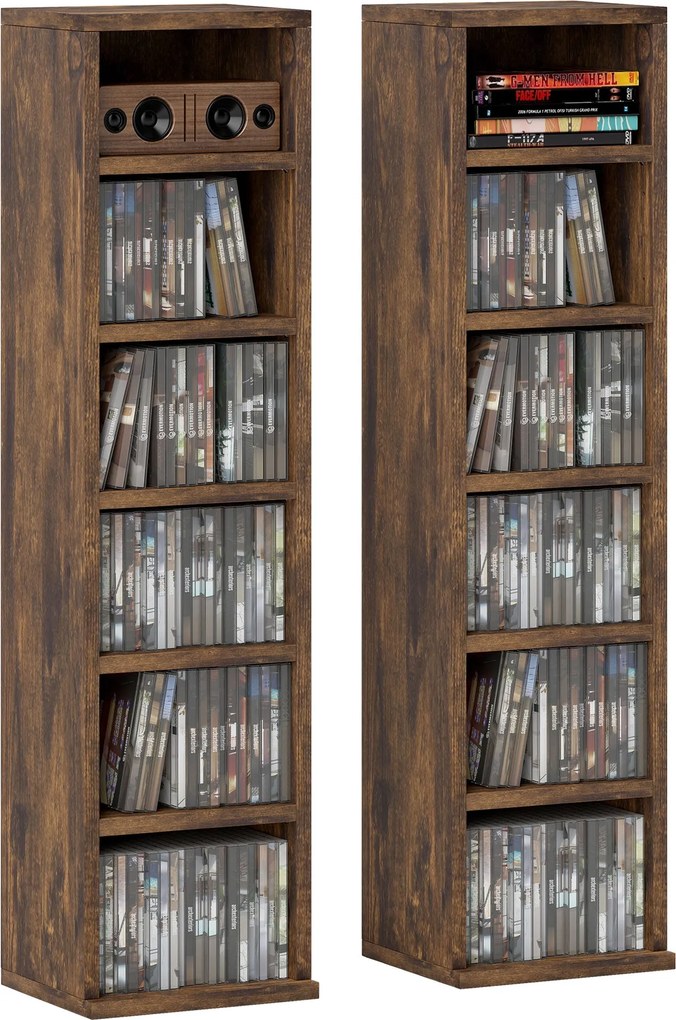 HOMCOM Sada 2 sloupkových polic CD-DVD skříň se 6 + 6 přihrádkami 21 x 22,5 x 88,5 cm maximální kapacita 204 CD rustikální hnědá | Aosom
