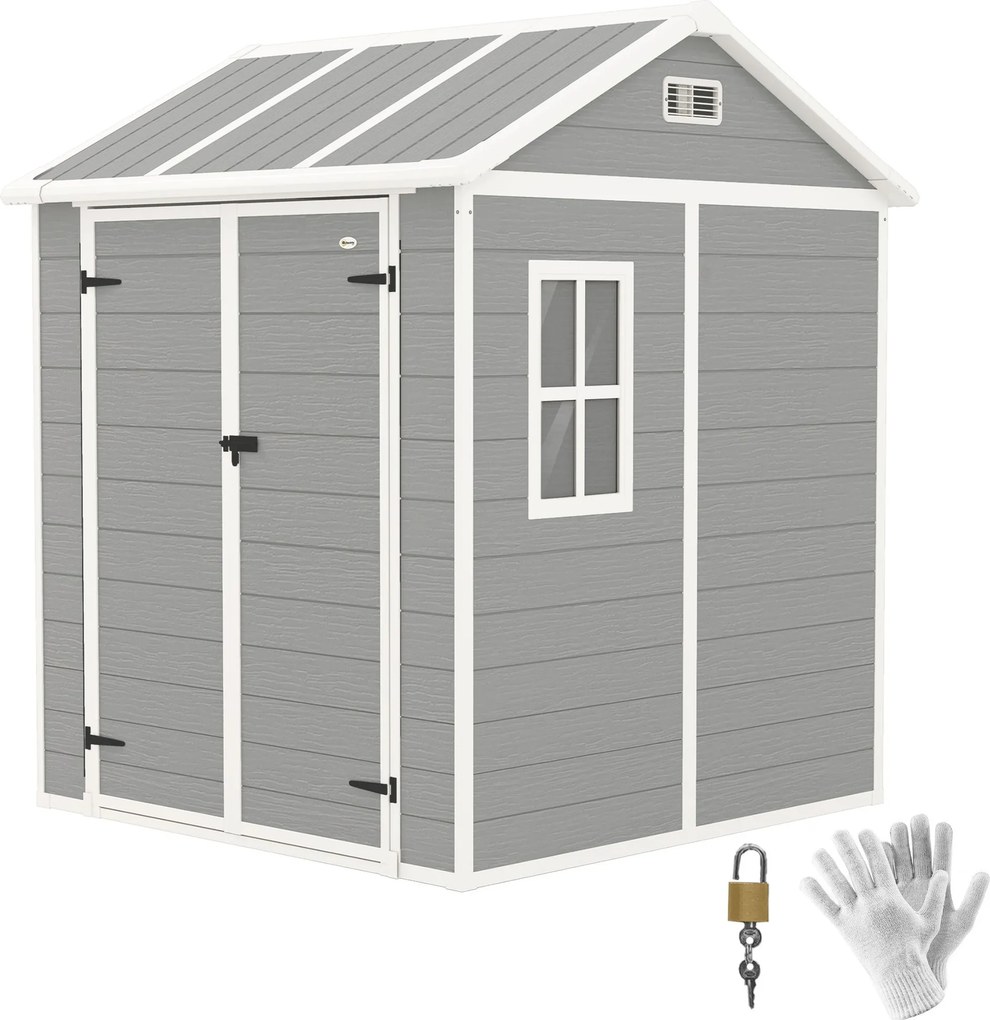 Zahradní kůlna Outsunny s povrchem připomínajícím staré dřevo, 2,91 m², s dvojitými dveřmi a zámkem, šikmou střechou, 181x181x220 cm, šedá | Aosom