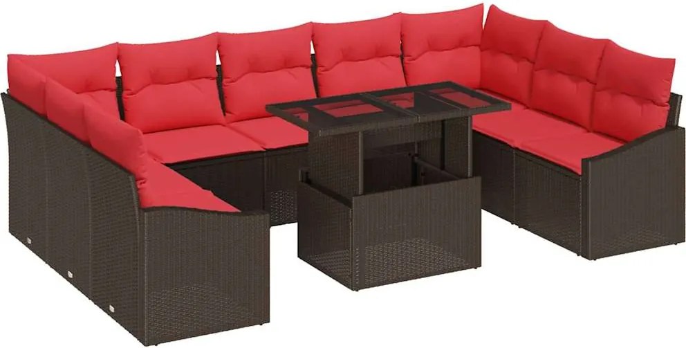 Set pohovek 10 ks 9-Počet míst Hnědá a červená polyratan 3349070