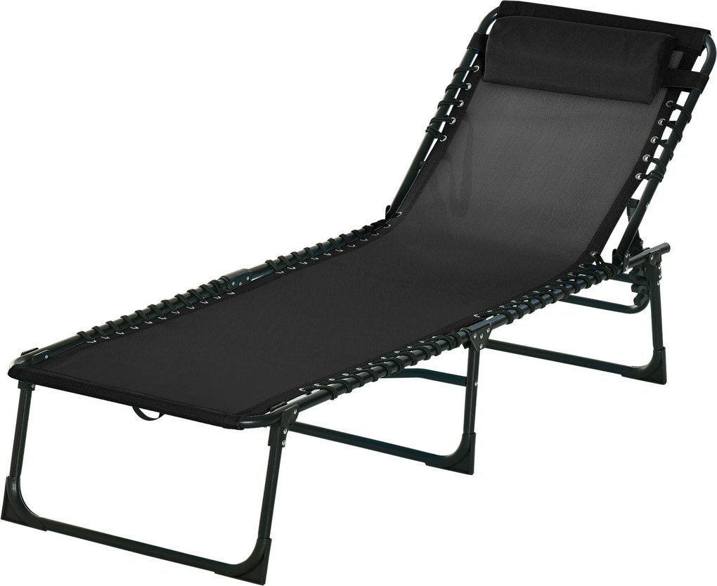 Skládací a nastavitelný lehátko Outsunny s 4 polohami sklopení - zahradní křeslo se systémem lanka pro venkovní použití, ocelový rám 189x58x30 cm, čer