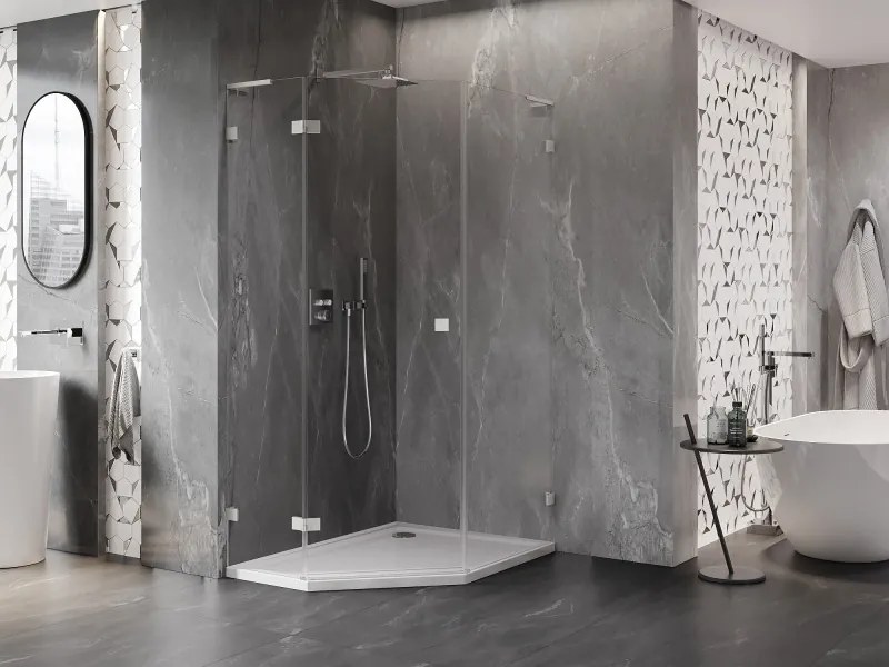 Mexen Lunar, L pětiúhelníkový sprchový kout naklápěcí doleva 80 x 90 cm, 8mm čiré sklo, ocelový profil, 831L-080L-090P-97-00-L
