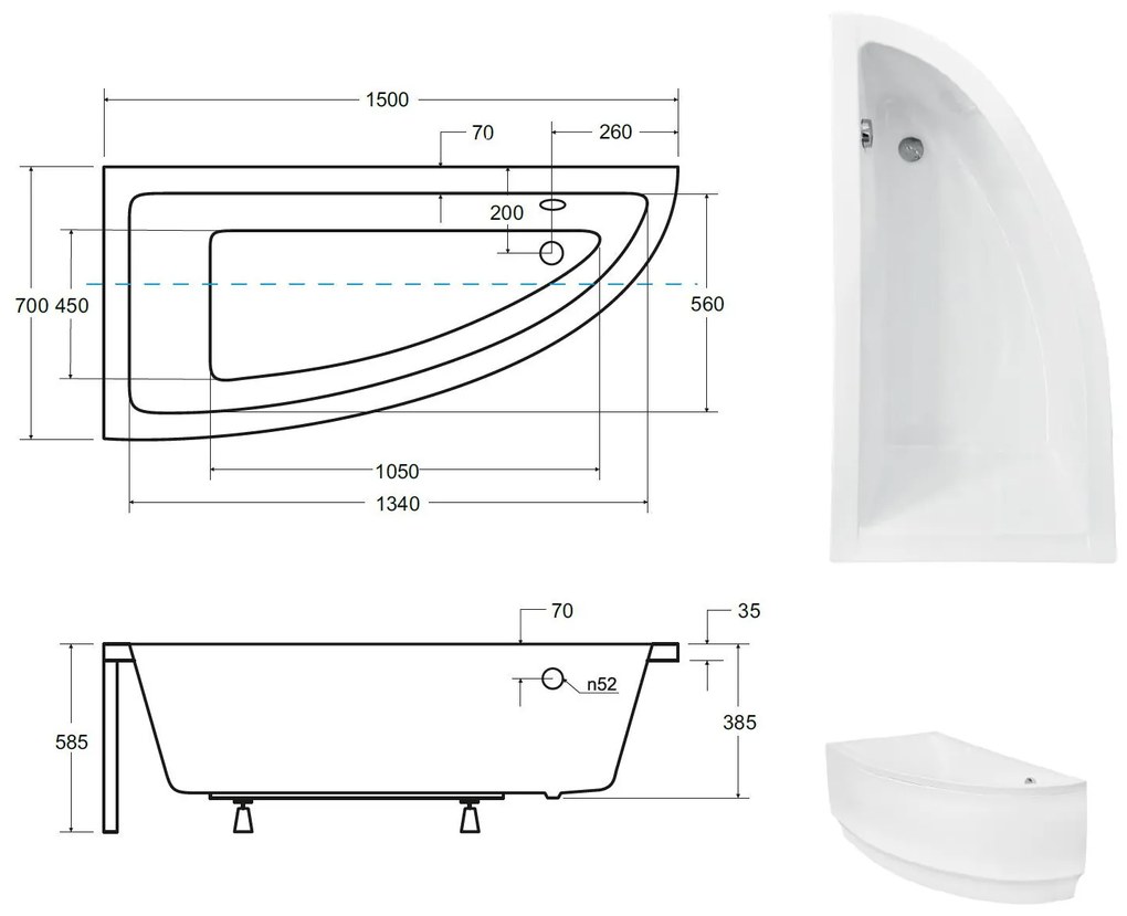 Olsen Spa FONDI 140 x 70 cm OLVFON14P+OLVPINOZ vana vč. nožiček pravá