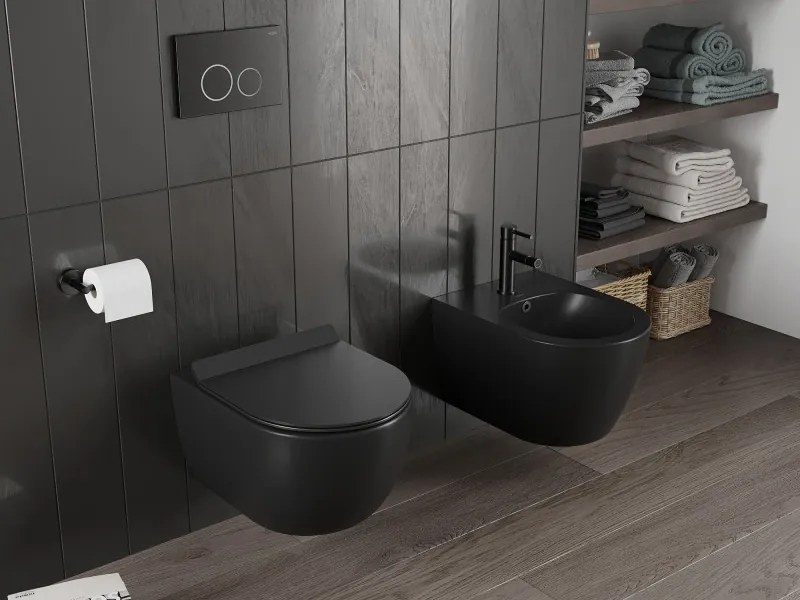 Mexen Carmen, závěsná WC mísa 490x365x340 mm, Rimless Tornádo + WC sedátko z duroplastu, černá matná, 30880185T
