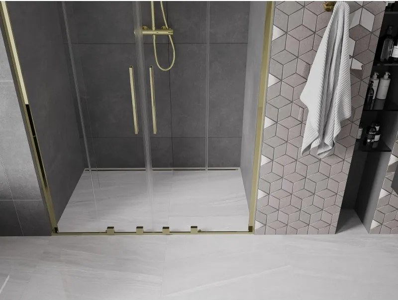 Mexen Velar L Duo, posuvné sprchové dveře do otvoru 160 cm, 8mm čiré sklo, zlatá lesklá, 871-160-003-02-50