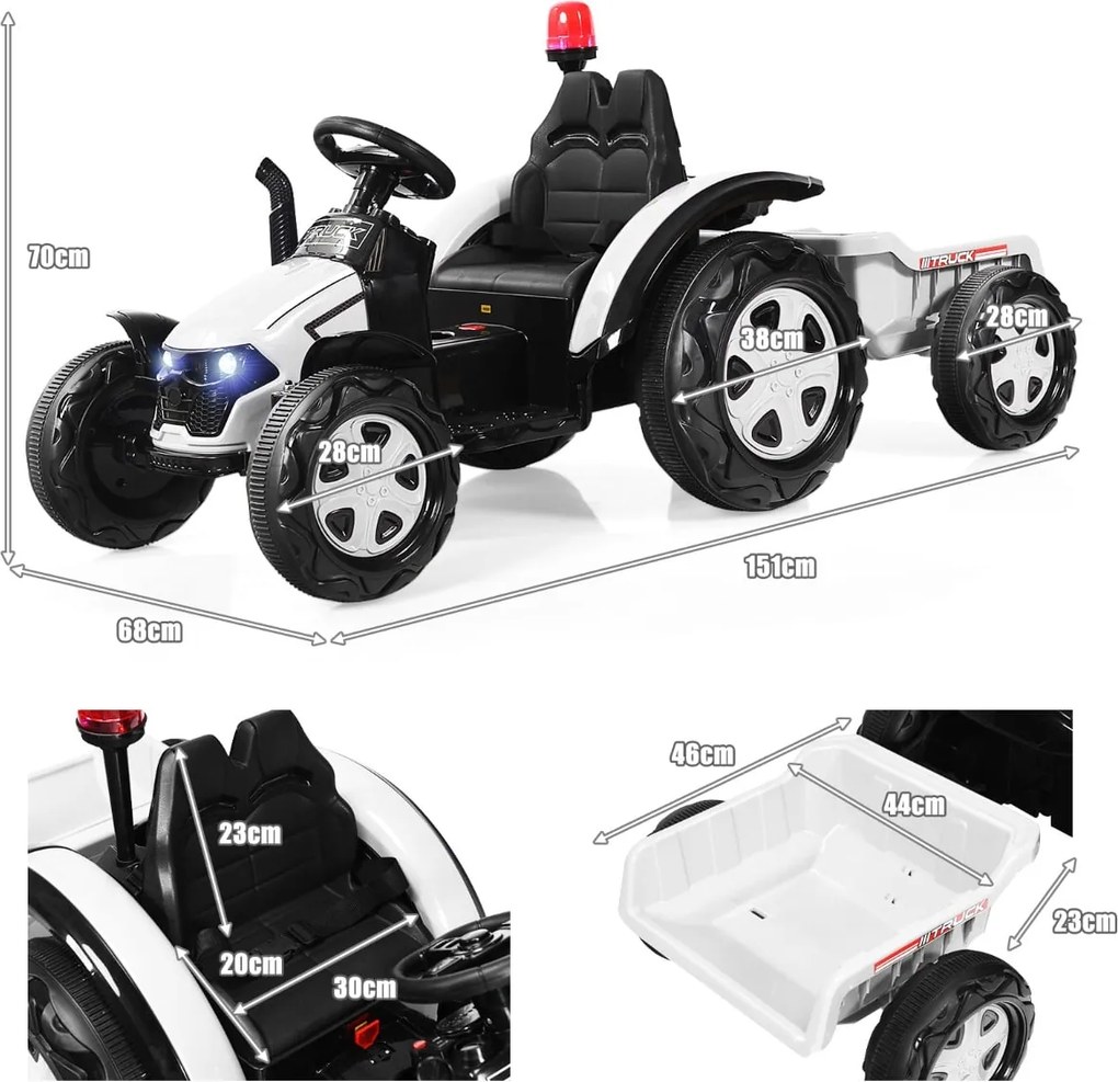 Costway Traktor na hraní s přívěsem pro děti 12 V pojízdný traktor, bílý