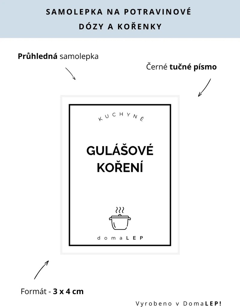 Samolepka na kořenky GULÁŠOVÉ KOŘENÍ průhledná 3 × 4 cm tučné písmo