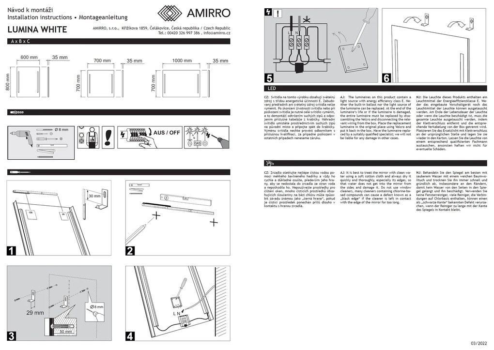 Amirro Zrcadlo na zeď chodbu do pokoje ložnice koupelny předsíně LUMINA WHITE - 80 x 60 cm se dvěma podsvícenými pruhy (zářivkové osvětlení) 901-329