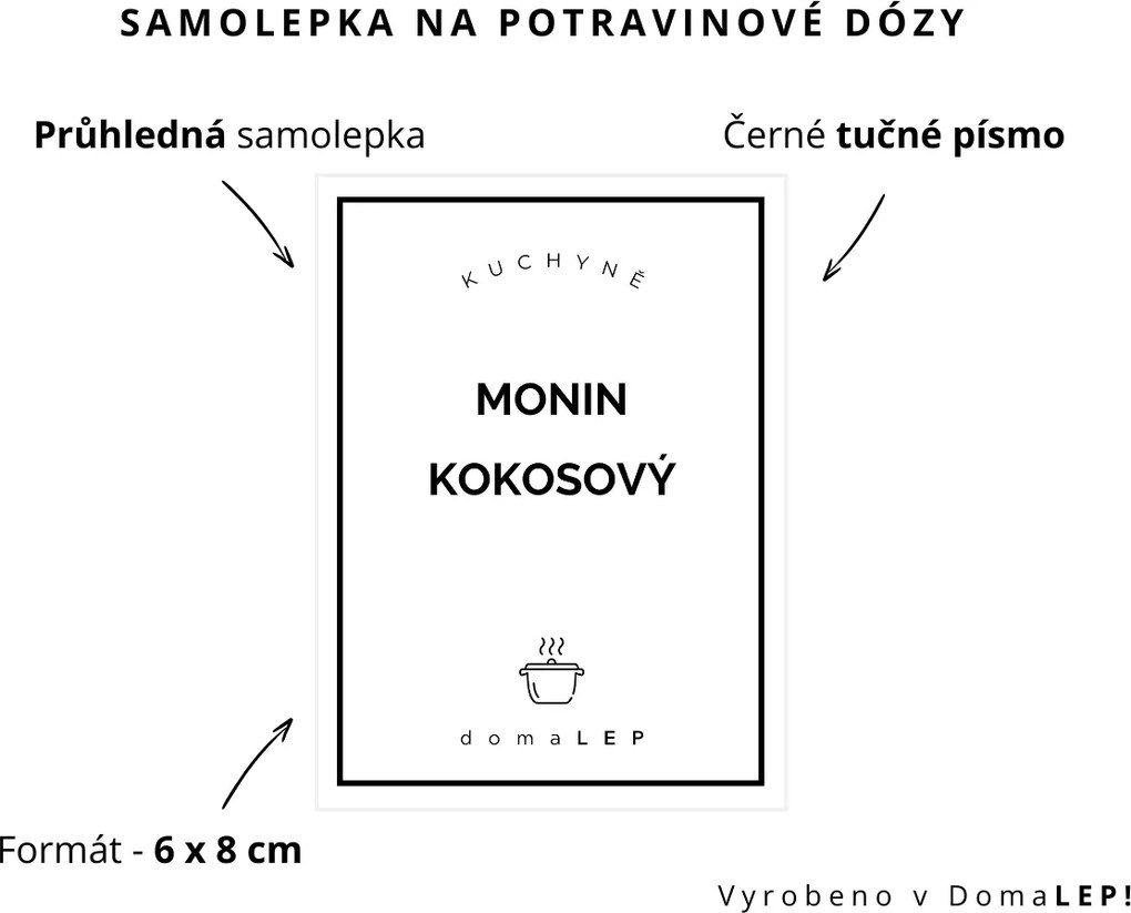 MONIN KOKOSOVÝ - omyvatelná samolepka na dózu, výběr rozměrů Ø 5 cm / 5 x 5 cm / 6 x 8 cm | DomaLEP tvar: ČTVEREC, barva: PRŮHLEDNÁ - ČERNÉ písmo, velikost: š. 5 cm x v. 5 cm - tučné písmo