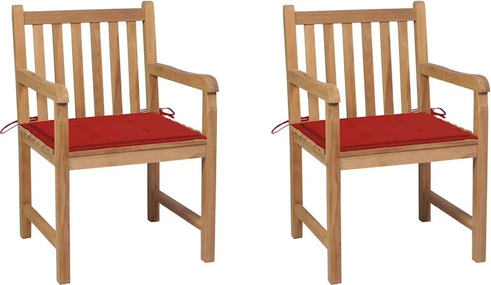 Zahradní židle 2 ks s červenými poduškami masivní teak 3062736