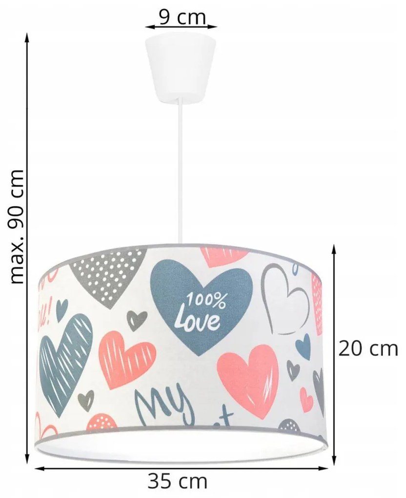 Dětské závěsné svítidlo HEART, 1x bílé textilní stínítko se vzorem, (výběr ze 2 barev konstrukce), P