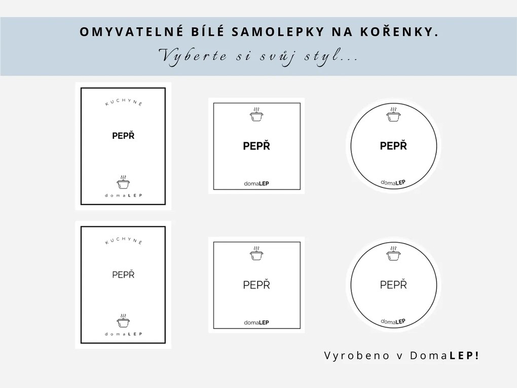 PEPŘ - omyvatelná samolepka na kořenky, výběr rozměrů Ø 5 cm / 5 x 5 cm / 6 x 8 cm | DomaLEP tvar: OBDÉLNÍK, barva: BÍLÁ - ČERNÉ písmo, velikost: š. 6 cm x v. 8 cm - tučné písmo