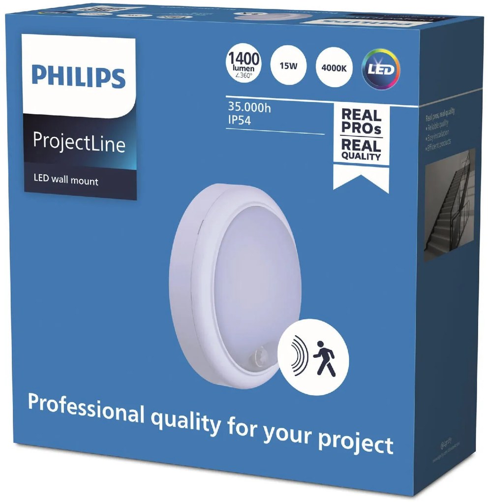 Philips 8719514954328 led nástěnné svítidlo s pohybovým čidlem projectline 1x15w | 1400lm | 4000k | ip54 - bílá