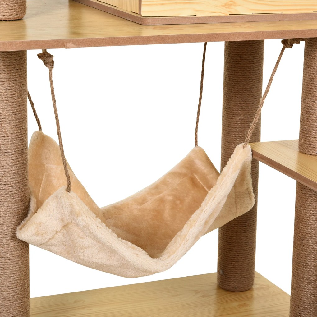 PawHut Kočičí Škrabadlo Výška 130 cm Kočičí Věž se Sisalovými Škrabacími Sloupky 2 Postele Houpací Síť Jeskyně Hračková Koule a Rampou 60x40x130 cm P…