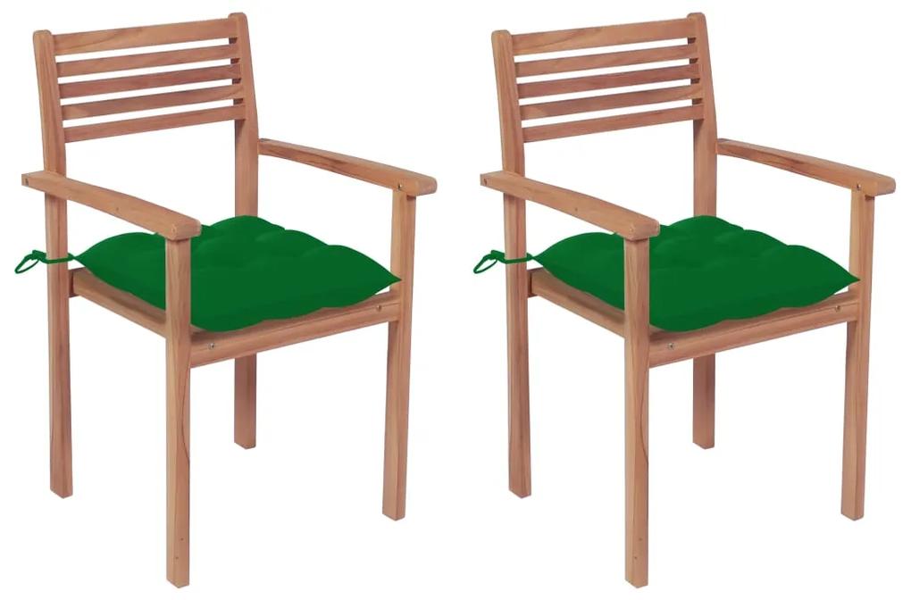 vidaXL Zahradní židle 2 ks zelené podušky masivní teak