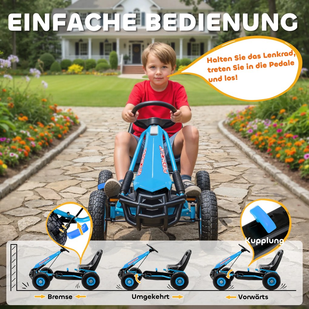AIYAPLAY Pedálový gokart pro děti, výškově nastavitelné sedadlo, EVA kola, brzda, spojka, 3-8 let, modrá