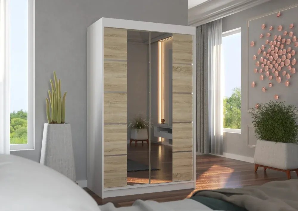 Skříň posuvná se zrcadlem GENUA 120 bílá – sonoma