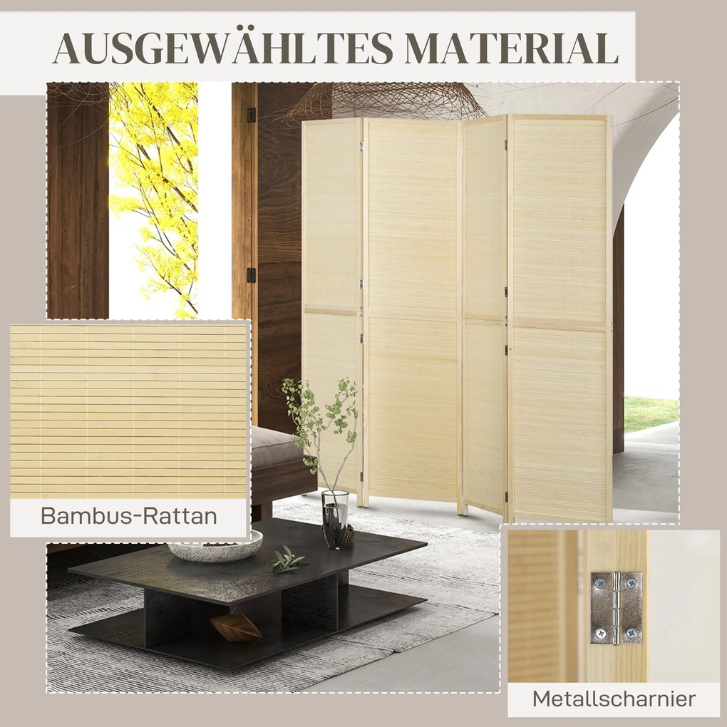 HOMCOM Bambusový paravan do interiéru 4 panely 180 x 180 cm - Přenosný paravan