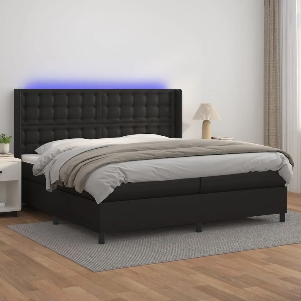 Box spring postel s matrací a LED černá 200x200 cm umělá kůže