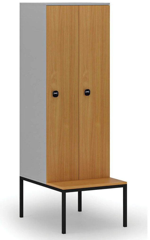 Dřevěná šatní skříňka S4 s lavičkou, 2 oddíly, 1871 x 600 x 500/800 mm, demont, RFID zámek, šedá/buk
