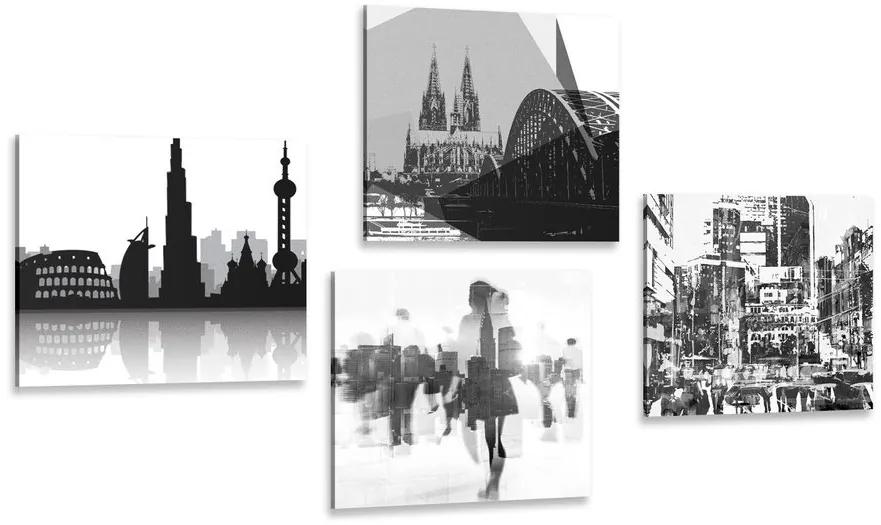 Set obrazů život ve velkoměstě v černobílém provedení s abstraktním nádechem Varianta: 4x 60x60