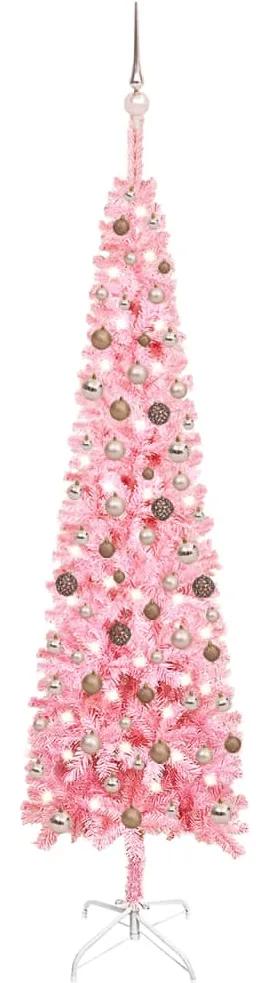3078069 vidaXL Úzký vánoční stromek s LED diodami a sadou koulí růžový 240 cm