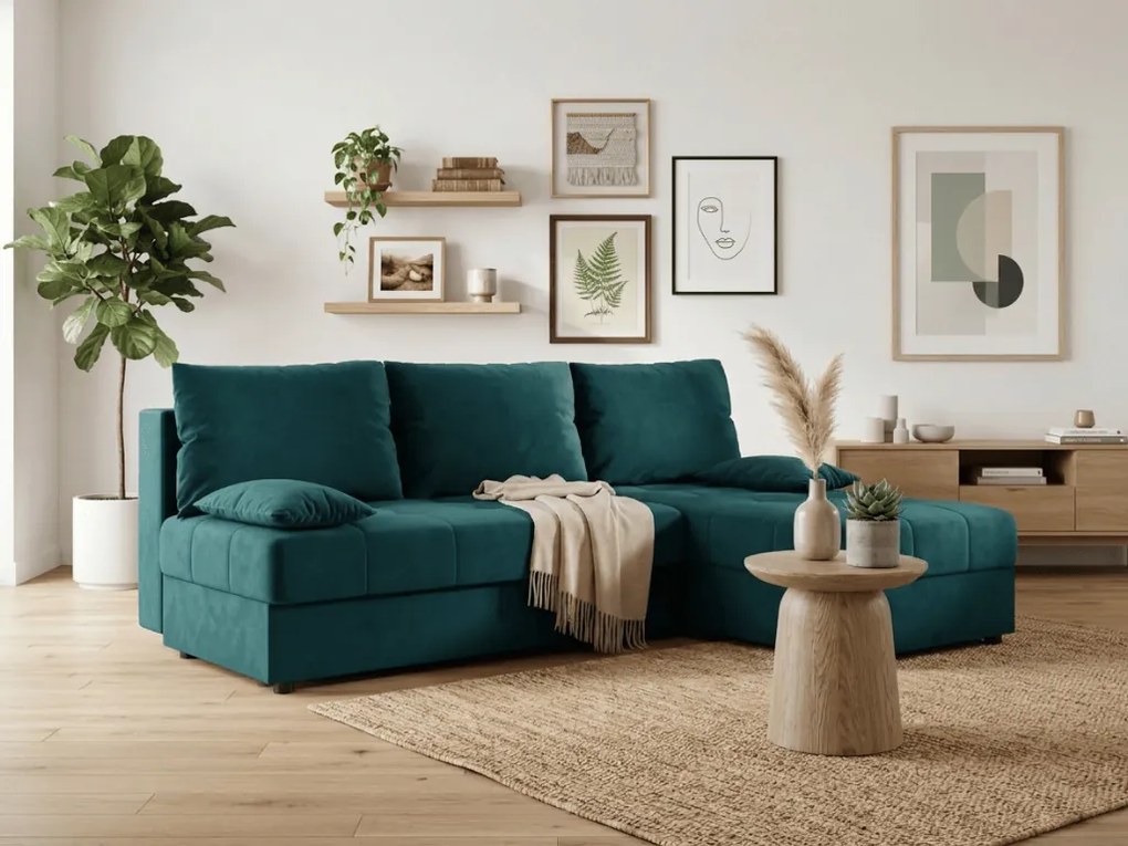Rozkládací oboustranná sedací souprava do L VENORIA SLIM 200x143 cm, petrolejová + 2 polštářky ZDARMA