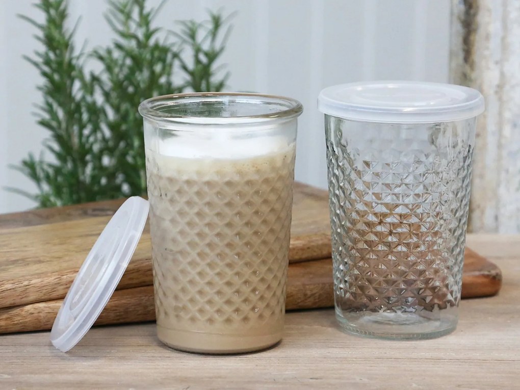 Sklenička s dekorem a víčkem French Latte glass - Ø9,5*14 cm / 0,5l