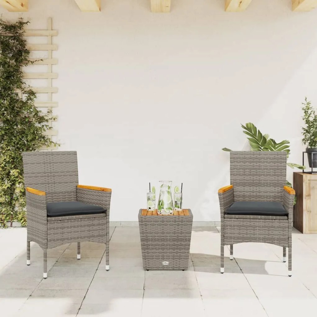 3Dílný Bistro Set S Poduškami Šedý Polyratan A Sklo