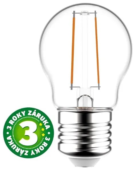 Prémiová retro LED žárovka E27 2,5W 250lm G45 teplá, filament, ekv. 25W, 3 roky