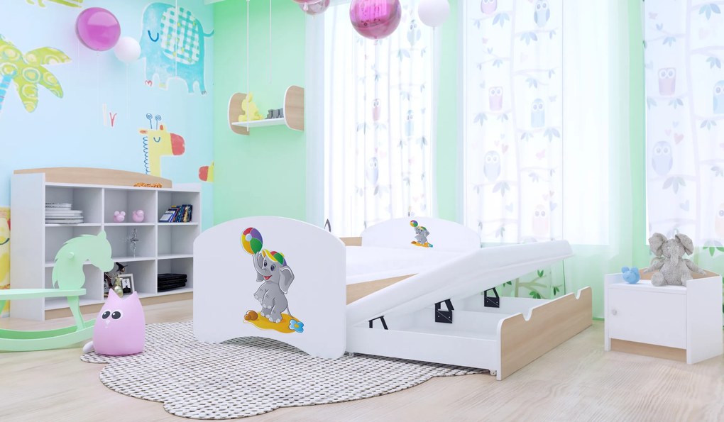 Svět pokojů Dětská postel Kevin pro dvě děti - slon s míčem + matrace zdarma Barva: Oranžová, Rozměr: 160x80 cm, Zábrana: NE
