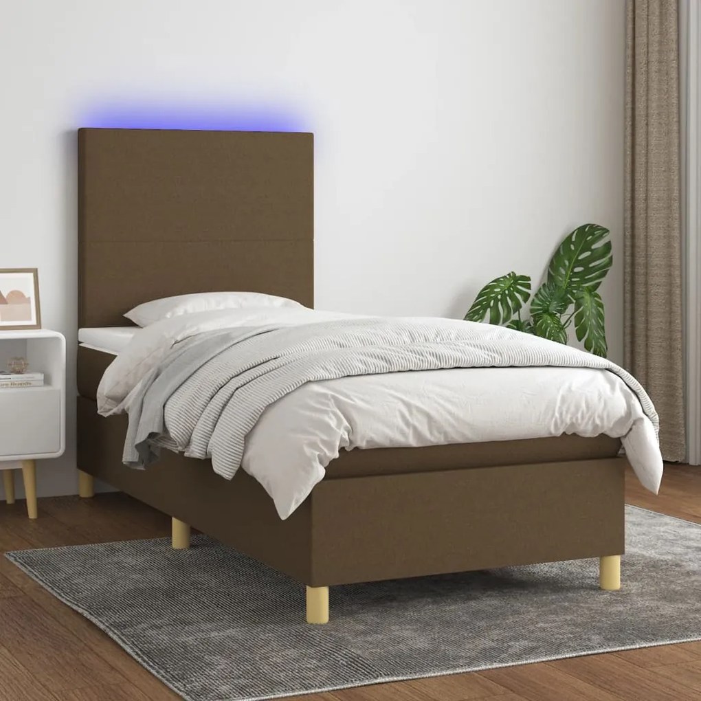 Box spring postel s matrací a LED tmavě hnědá 90x190 cm textil