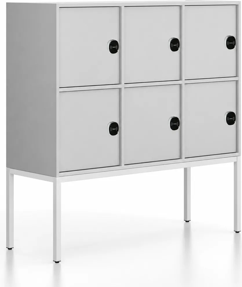 Kancelářská skříň FRAME, nízká, bílá podnož, 6x dveře, 1299 x 450 x 1331 mm, RFID zámek, šedá
