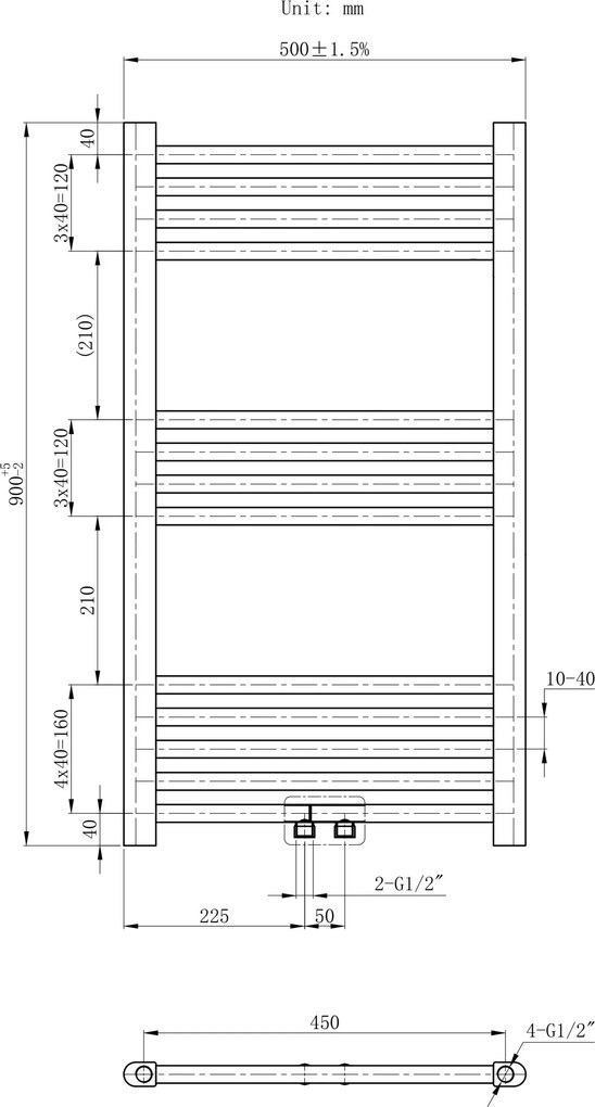 Gamma Simple, topné těleso 500x900 mm, 357 W, zlatá matná, GMA-SIMP-9050-BGD