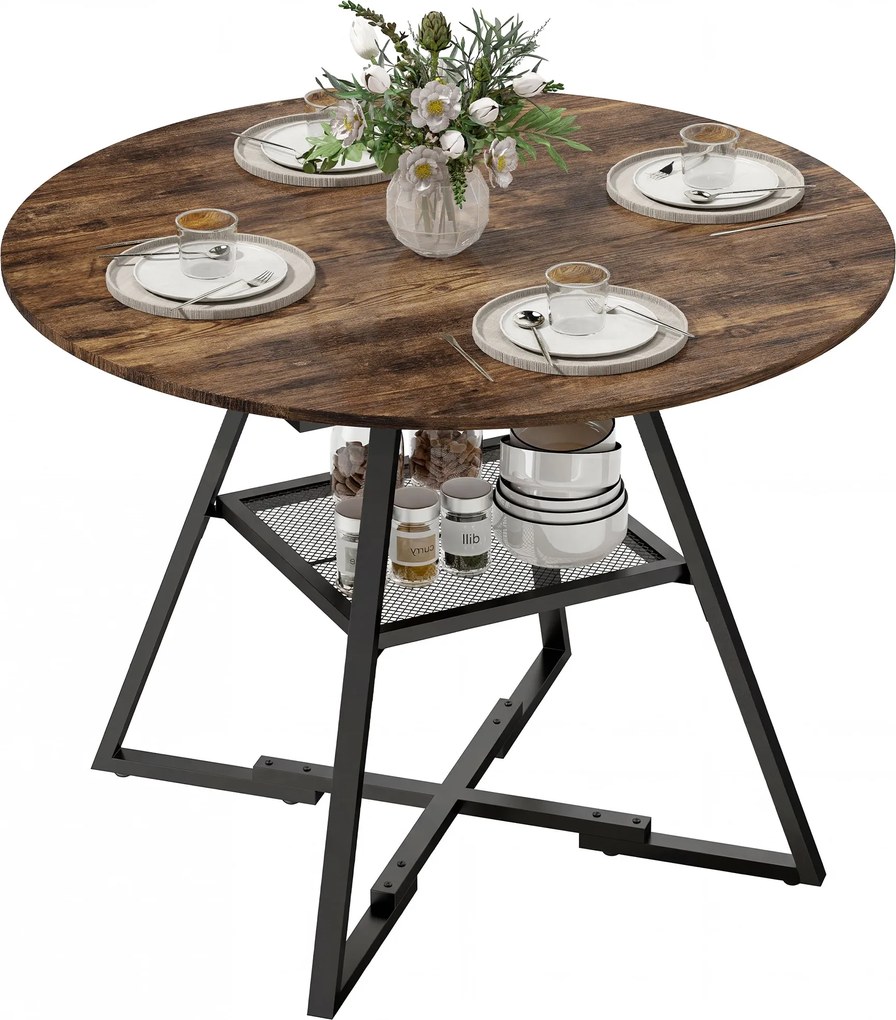 HOMCOM kulatý jídelní stůl pro 4, průměr 100 cm × výška 76 cm, industriální kuchyňský stůl s velkou deskou a odkládací polici, kovový rám, rustikální