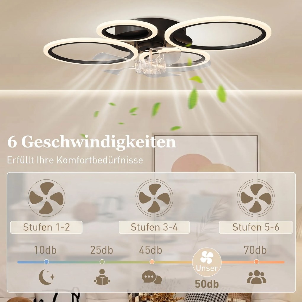 HOMCOM LED stropní ventilátor se světlem, tichý 30" (77 cm) s dálkovým ovládáním — 6 rychlostí, 3 teploty světla, DC motor, časovač — černý