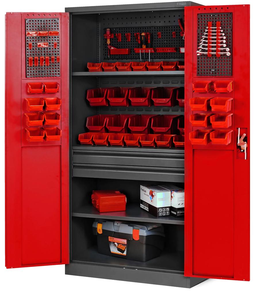 Plechová dílenská skříň se zásuvkami SZYMON, 920 x 1850 x 500 mm, antracitovo-červená