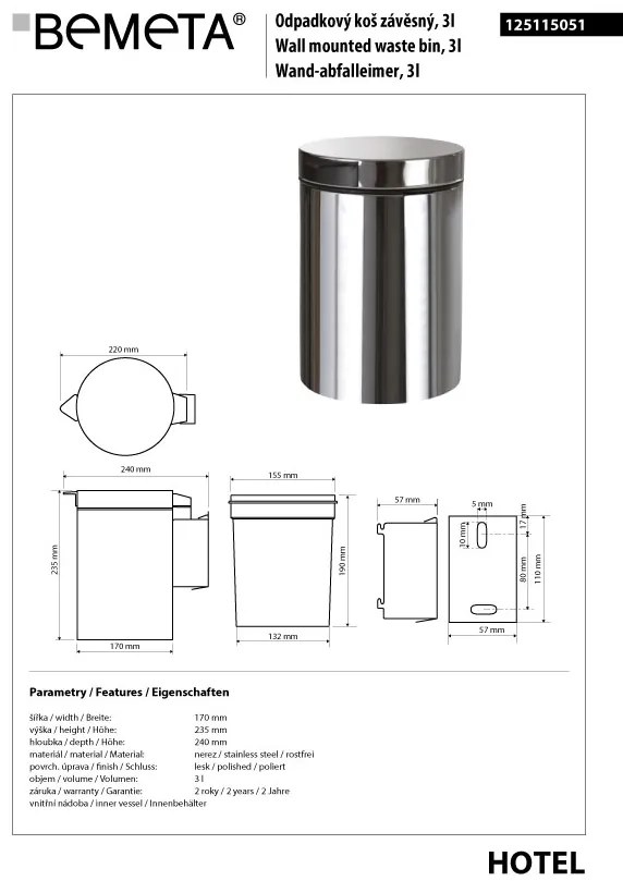 Bemeta Design Odpadkový koš 3 l, nerez, lesk - 125115051