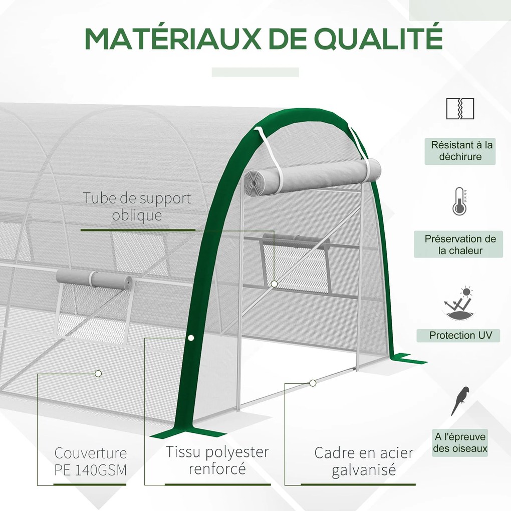 Zahradní tunelová skleník Outsunny 18m² – 6L x 3W x 2H m - 8 oken, zabalovací zipová vrata - Rám z pozinkované oceli, bílý kryt z vysoce hustého PE