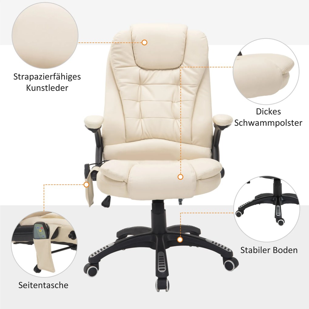 Masážní kancelářské křeslo HOMCOM manažerské křeslo s 6bodovou vibrační masáží a funkcí vyhřívání, otočné z imitace kůže v béžové barvě