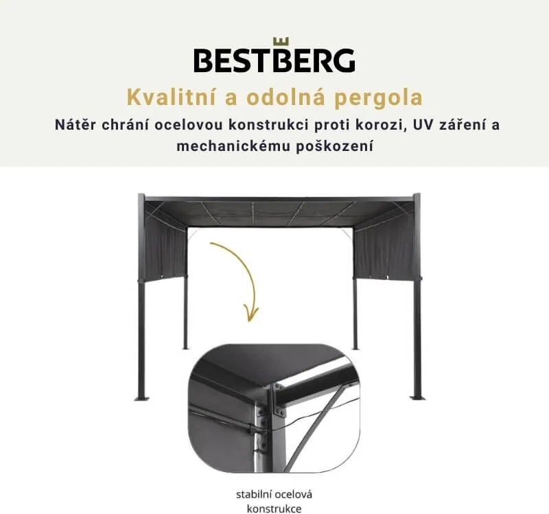 Zahradní pergola s LED solárním osvětlením BestBerg BBGG-50 / 300 x 300 x 215 cm / šedá