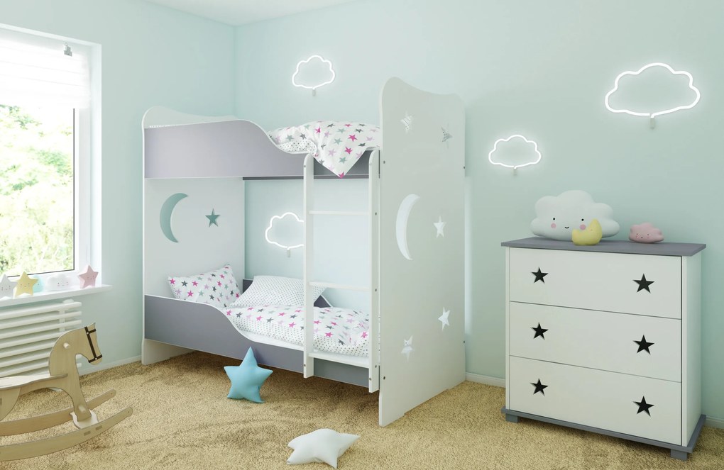 BabyBeds Dětská patrová postel STARS 180x80 Barevné provedení: Šedá, Úložný prostor: Ne, bez úložného prostoru